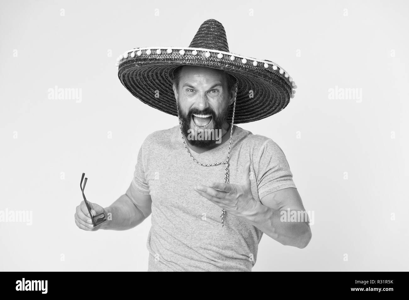 Hot tempered people. Man shouting face in sombrero hat yellow ...