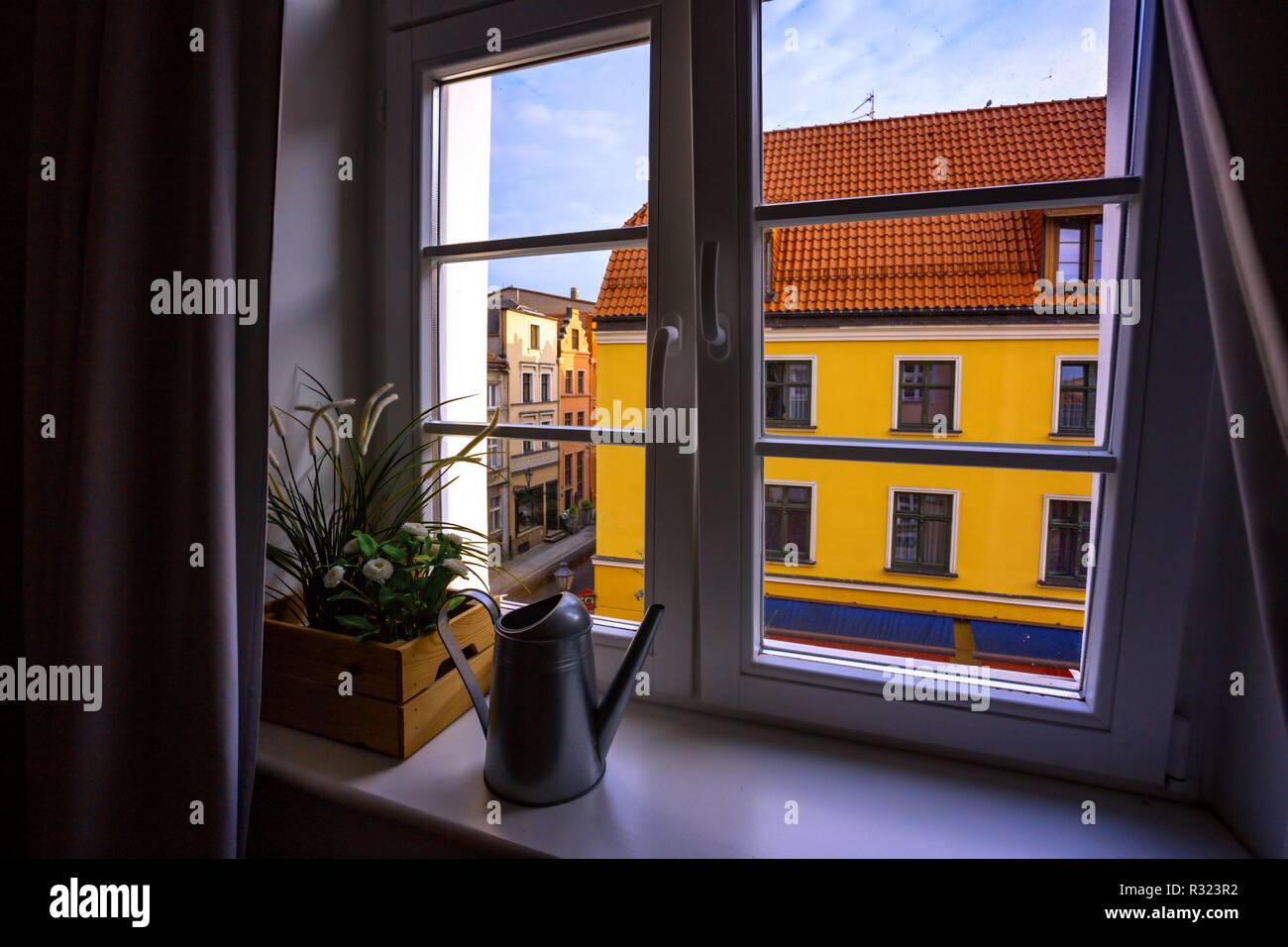 view from the window of the street old Polish town of Torun Stock Photo ...