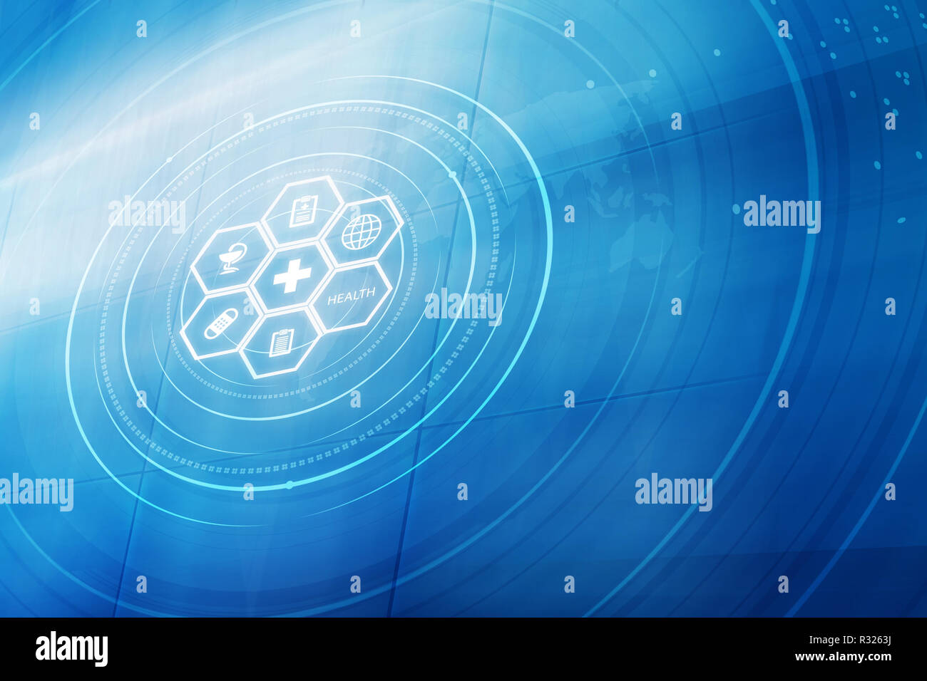 Digital screen with medical symbols and expanding circles, blue theme ...