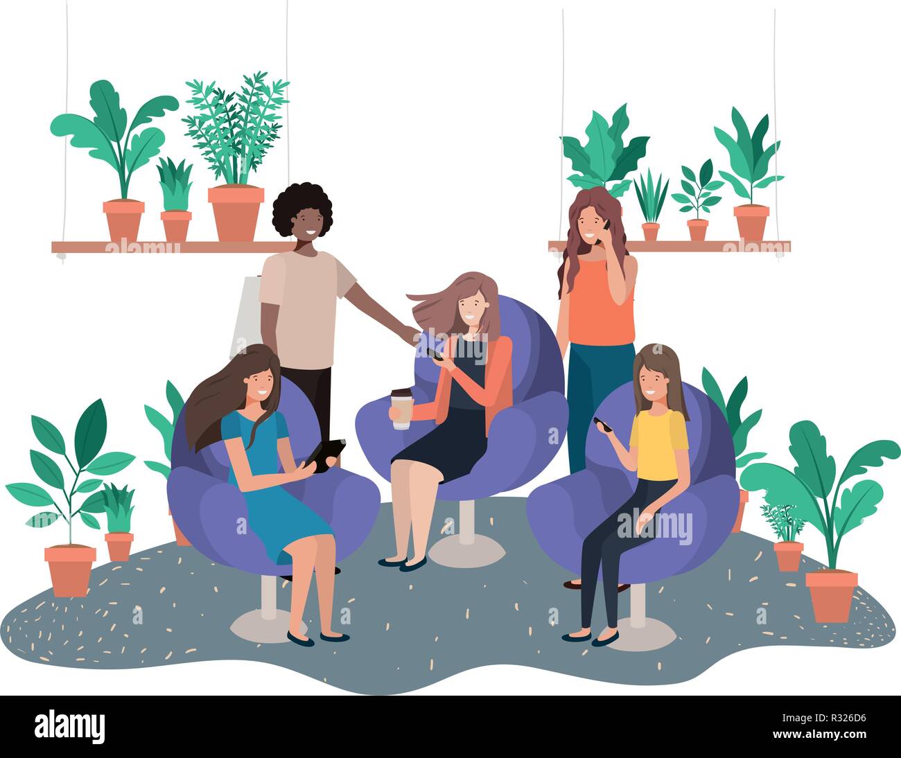 group of people using technology devices in livingroom Stock Vector ...