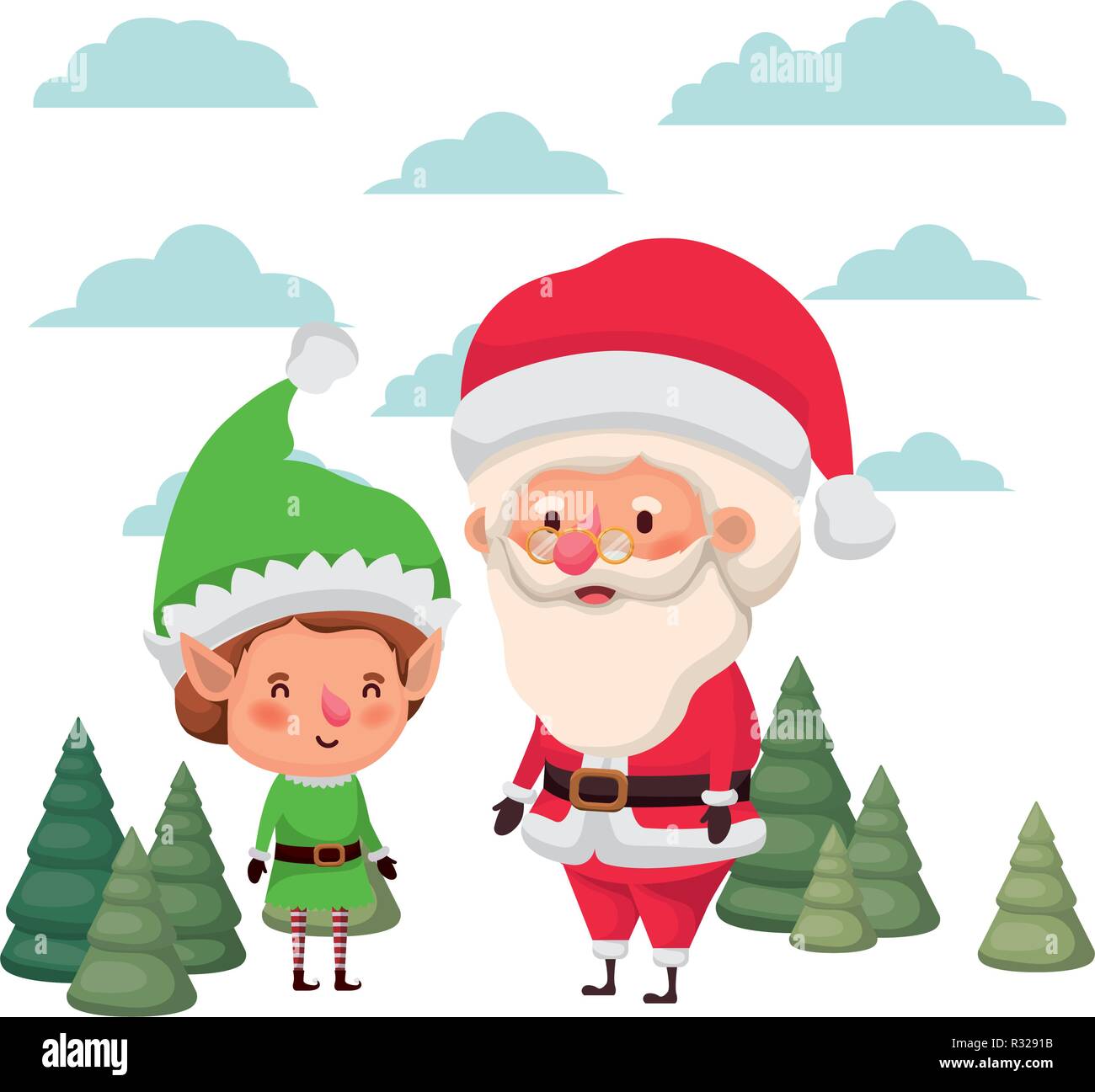 santa claus with elf moving with christmas trees Stock Vector Image ...