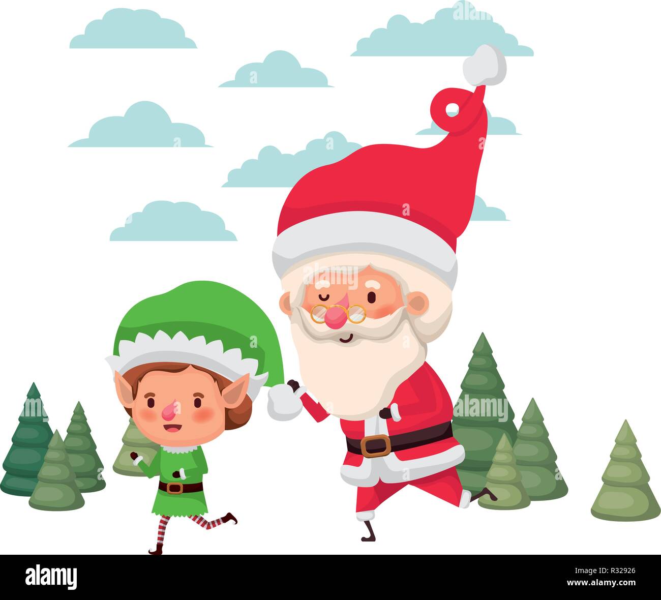 santa claus with elf moving with christmas trees Stock Vector Image ...