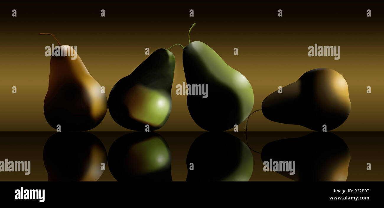 Pears, yellow and green are seen in illustration with dramatic low key ...