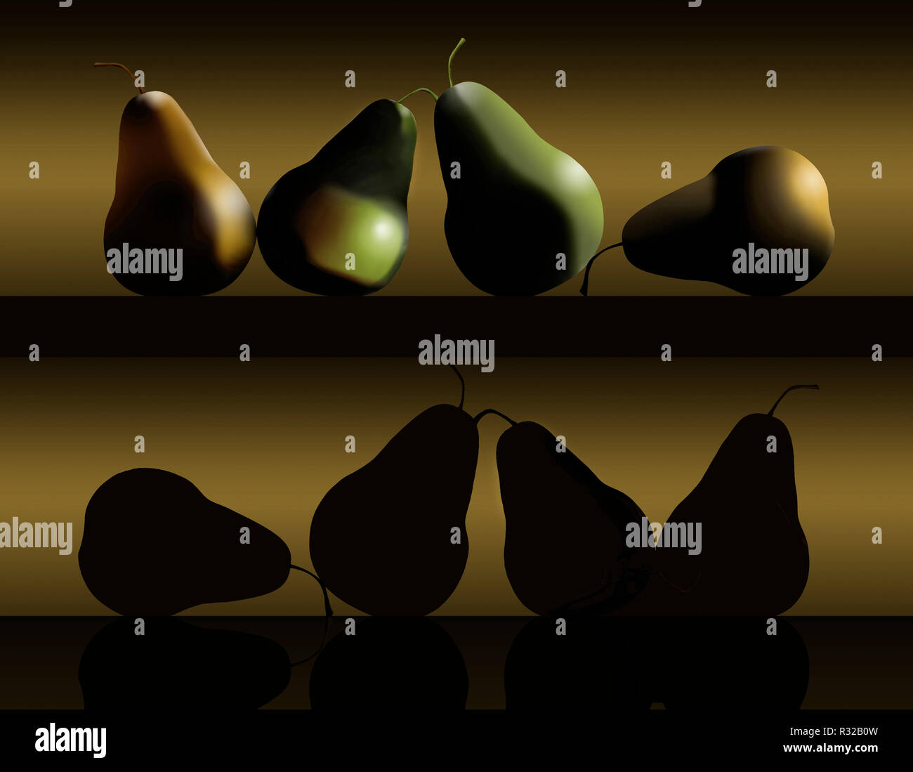 Pears, yellow and green are seen in illustration with dramatic low key ...