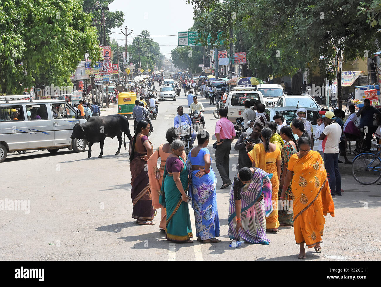 A street scene in a town on the River Ganges between Varanasi and Patna ...