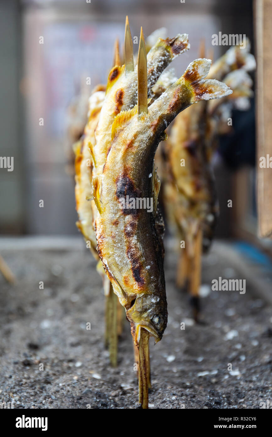 Grilled Ayu fish with salt at Kegon Waterfall, Nikko, Japan Stock Photo ...