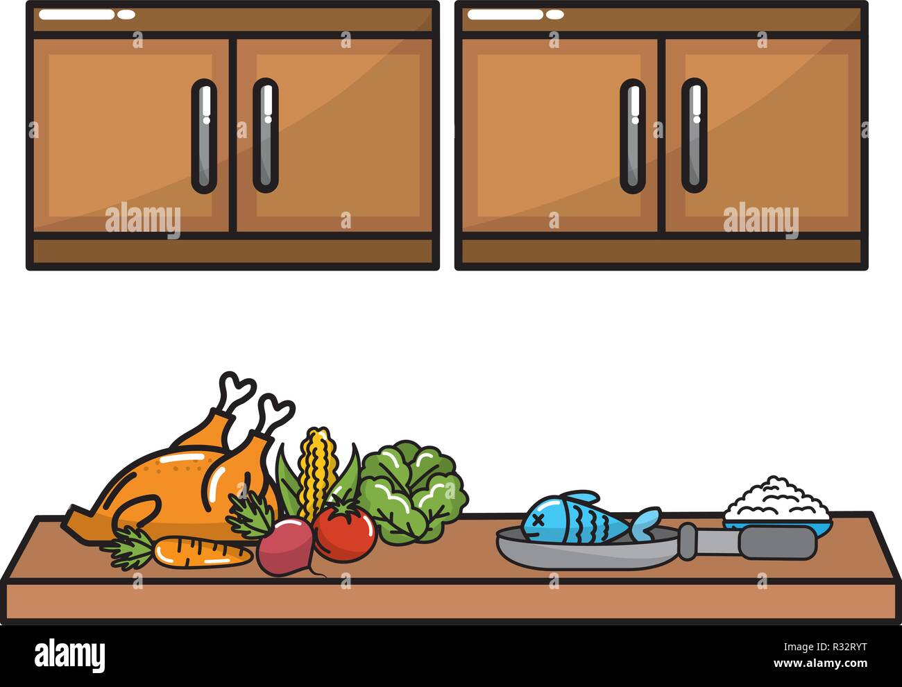 delicious food chicken with vegetables and fish on kitchen cartoon ...