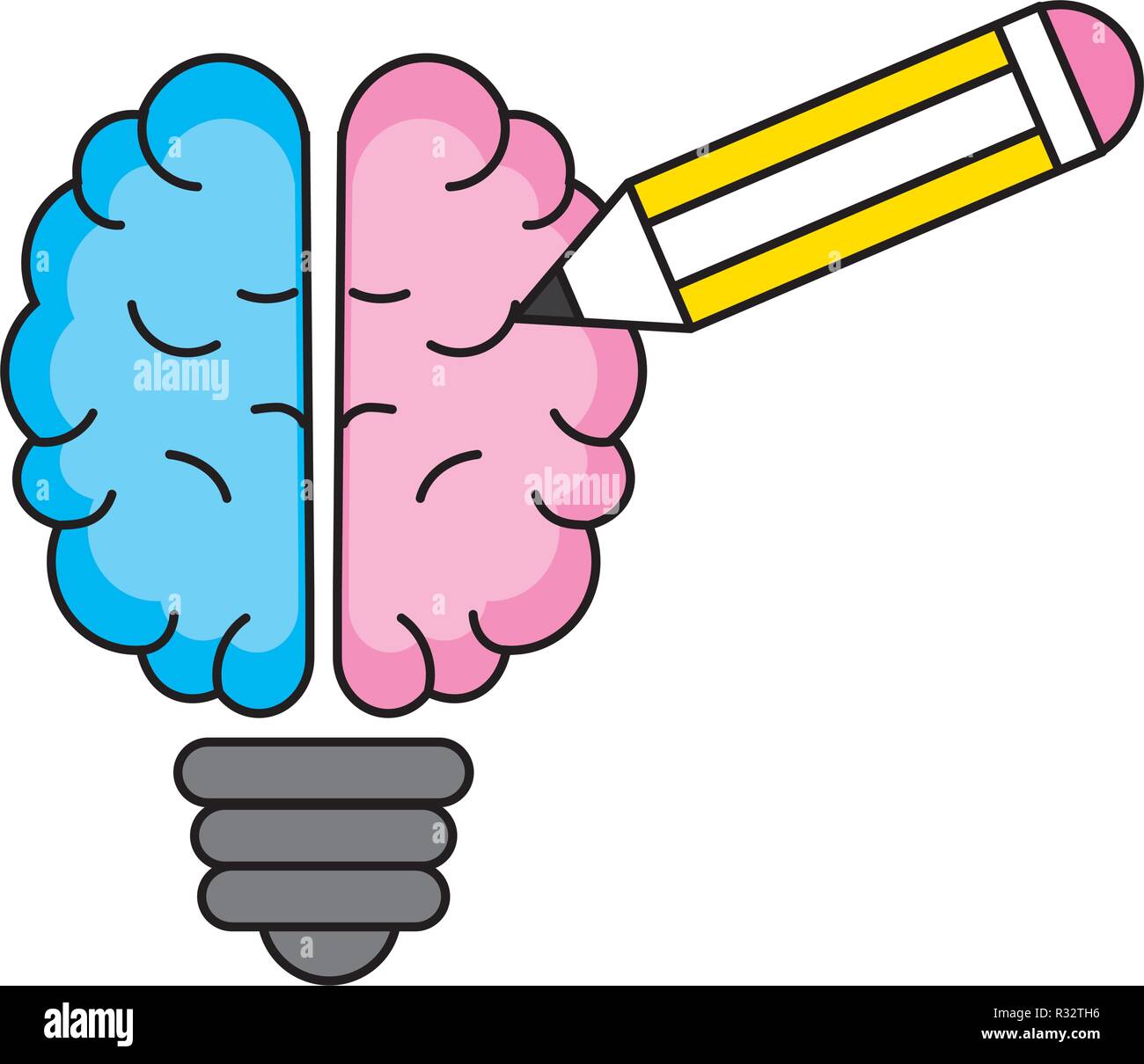 idea brain working with pencil cartoon vector illustration graphic ...
