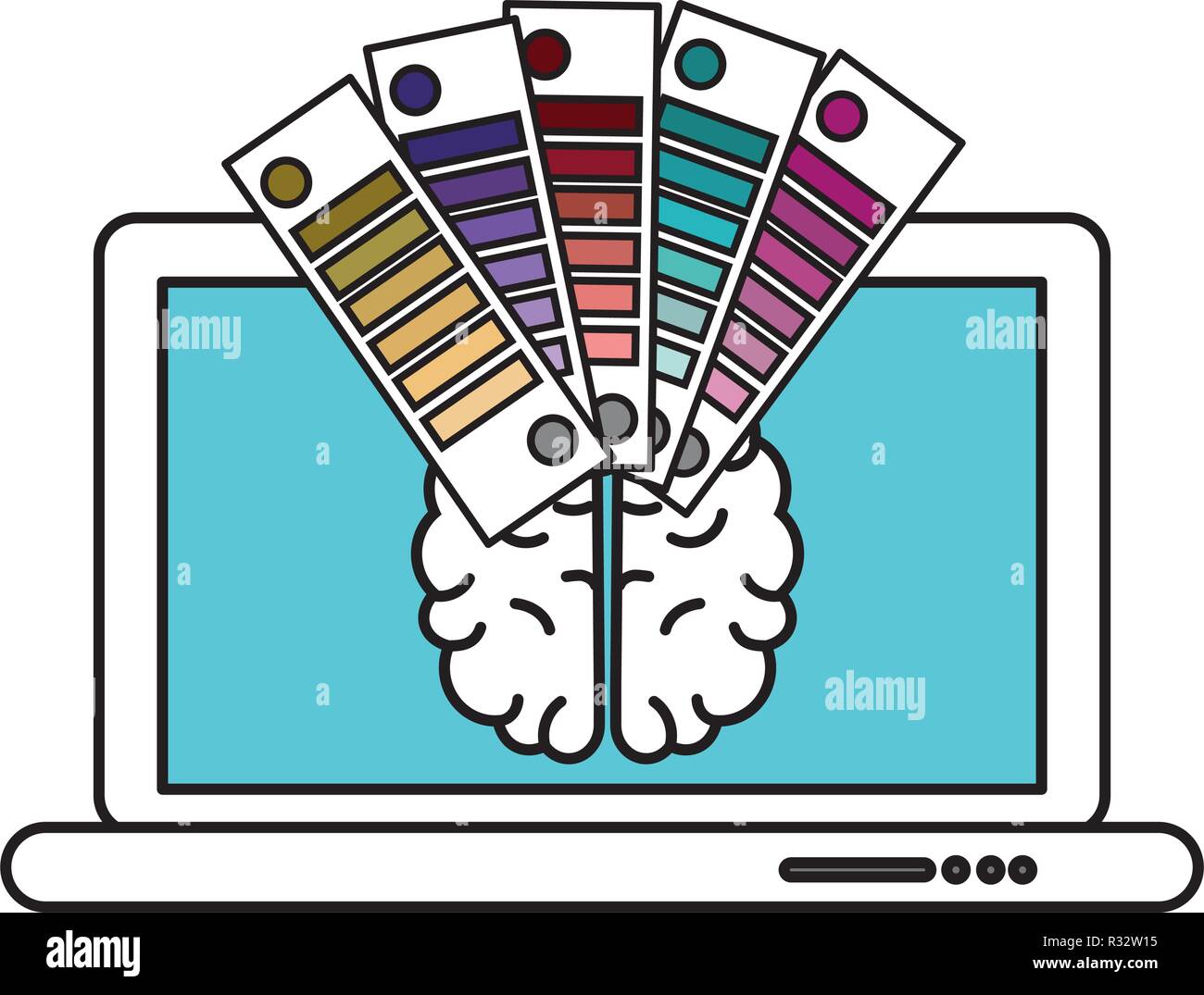 idea working laptop with brain and information cartoon vector ...