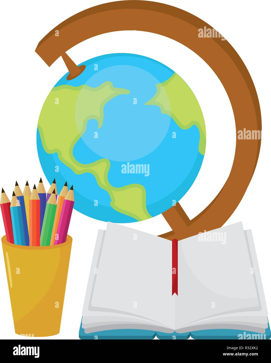 school world map with pencils and book cartoon vector illustration ...