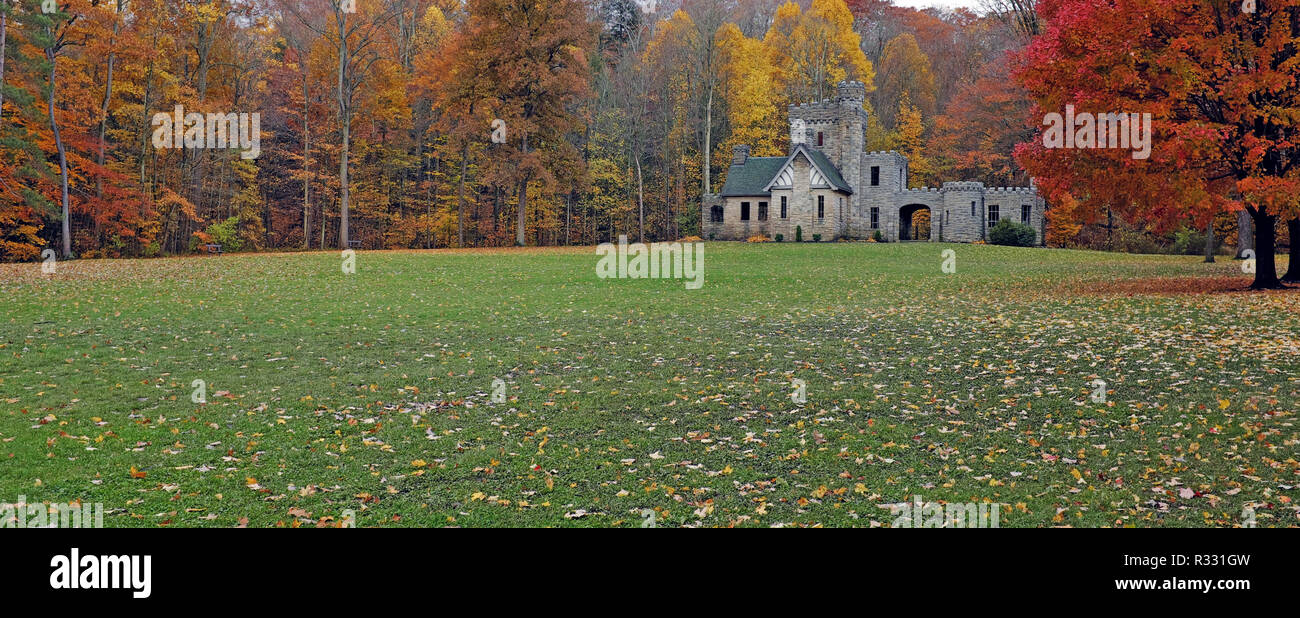 Squires Castle framed by Ohio fall foliage in the North Chagrin ...