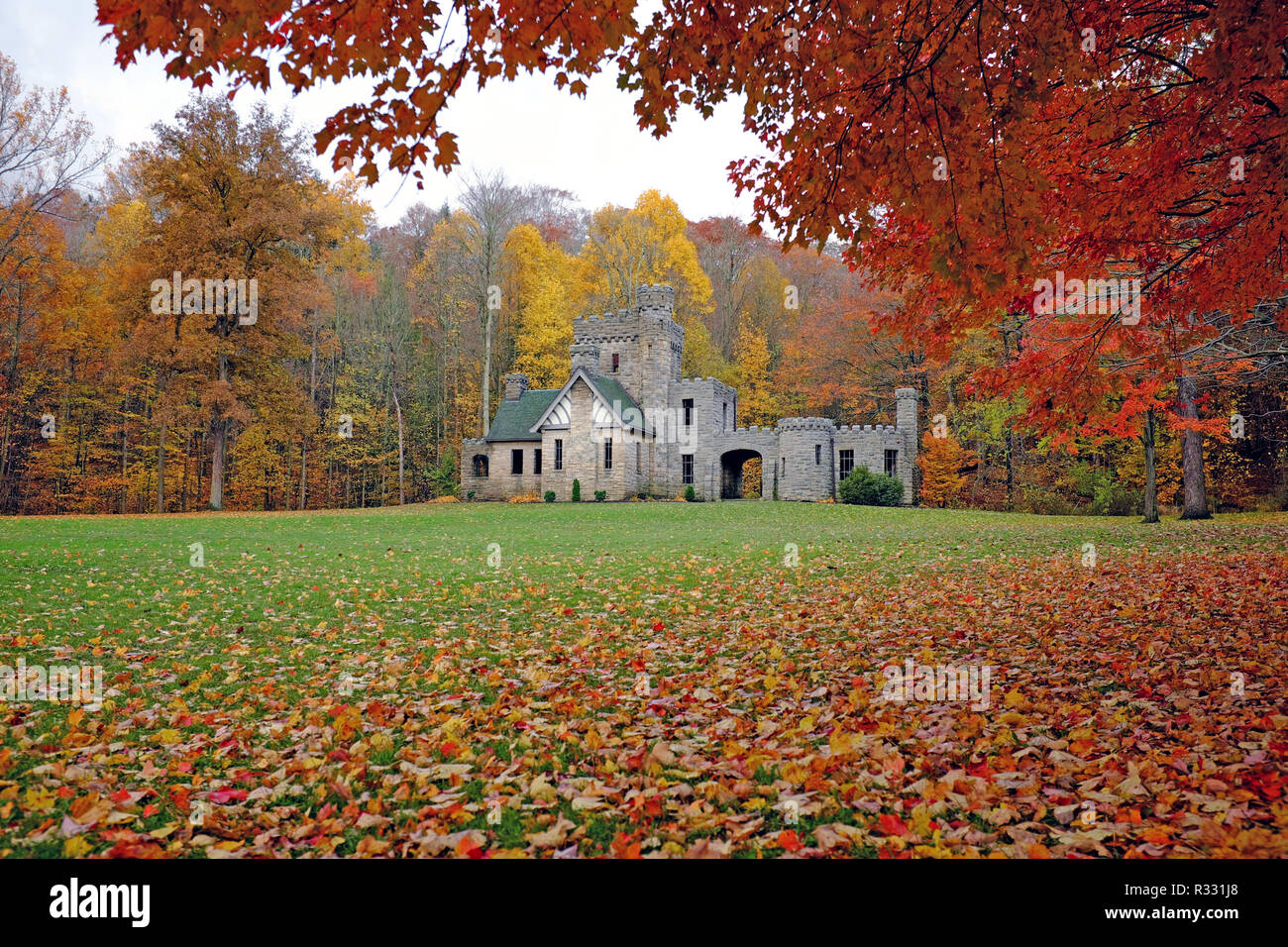 Squires Castle framed by Ohio fall foliage in the North Chagrin ...