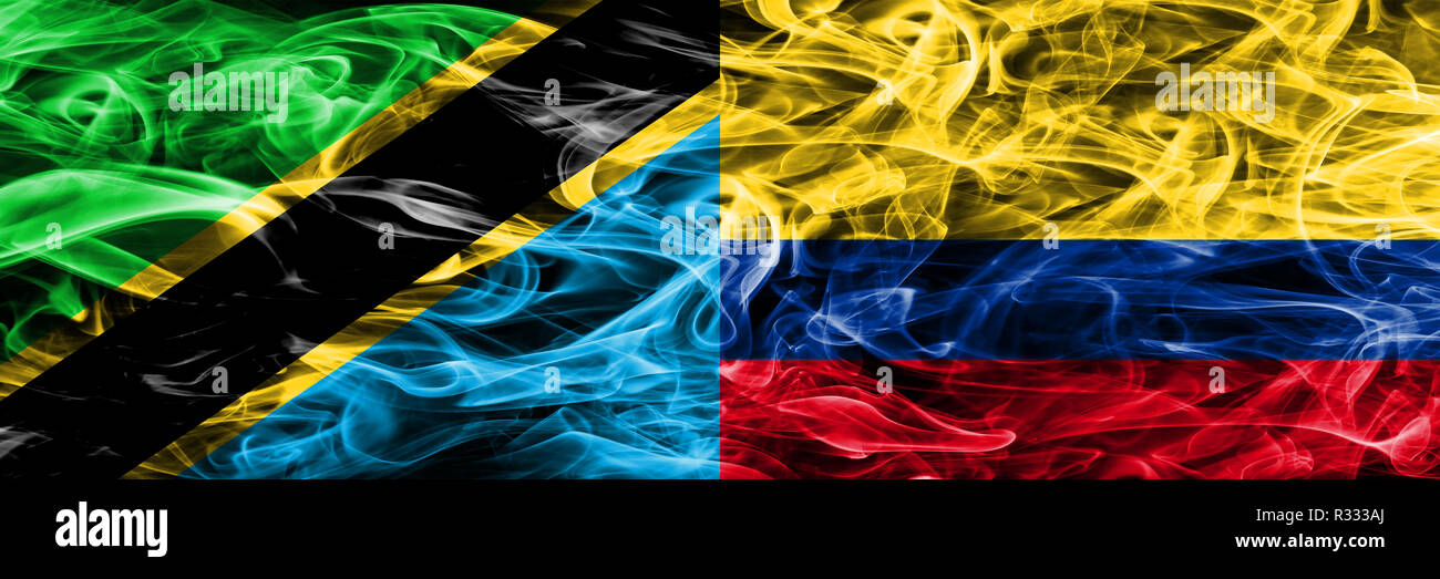 Tanzania vs Colombia, Colombian smoke flags placed side by side. Thick ...