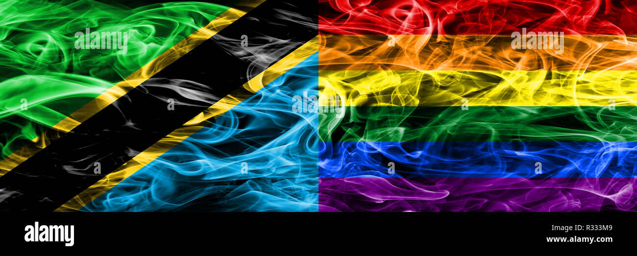 Tanzania vs Gay pride smoke flags placed side by side. Thick colored ...