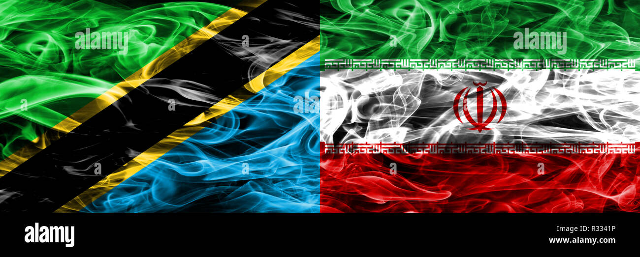 Tanzania vs Iran, Iranian smoke flags placed side by side. Thick ...