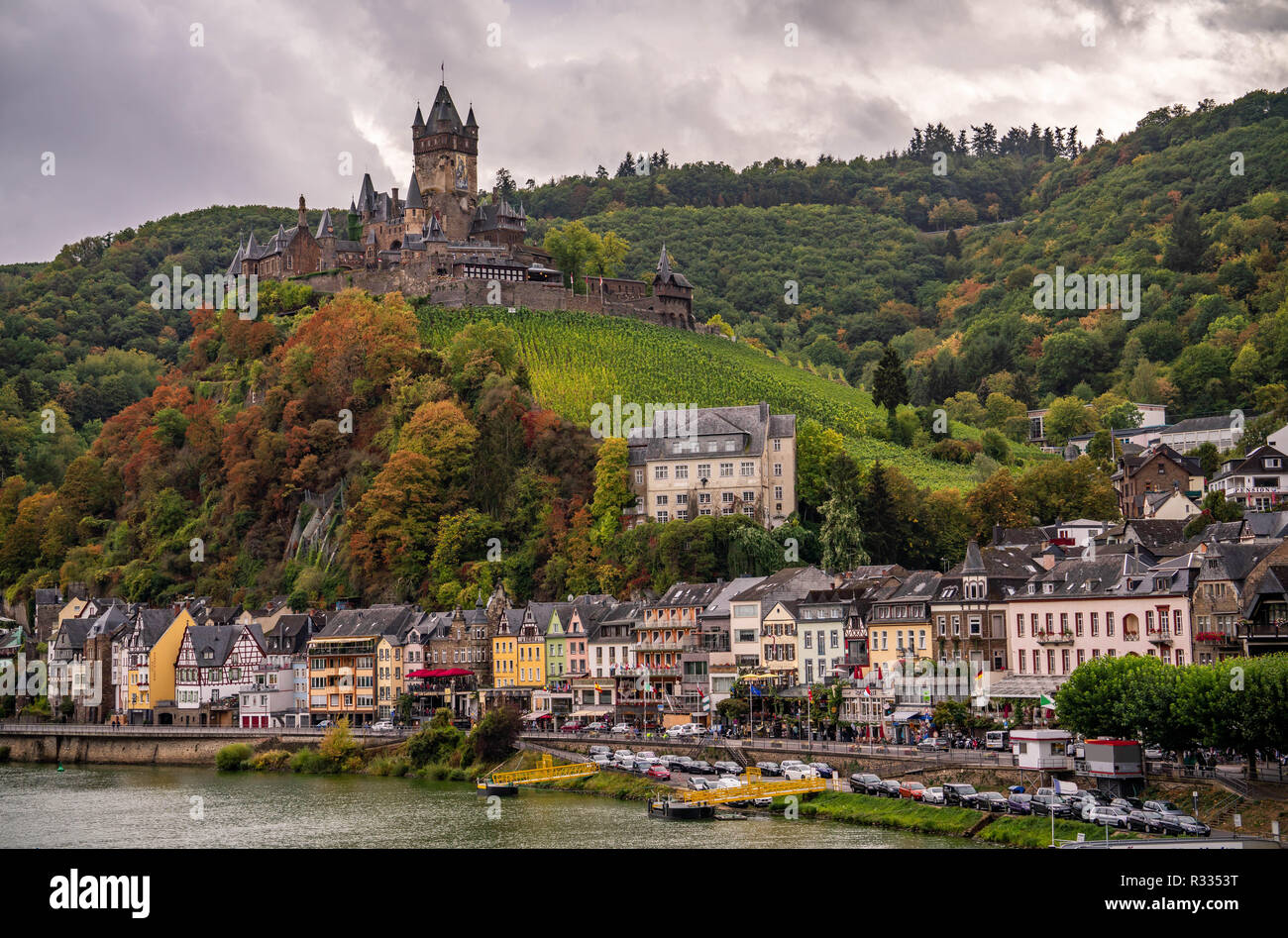 Reichsburg Castle and fairytale Cochem village along the Moselle river ...