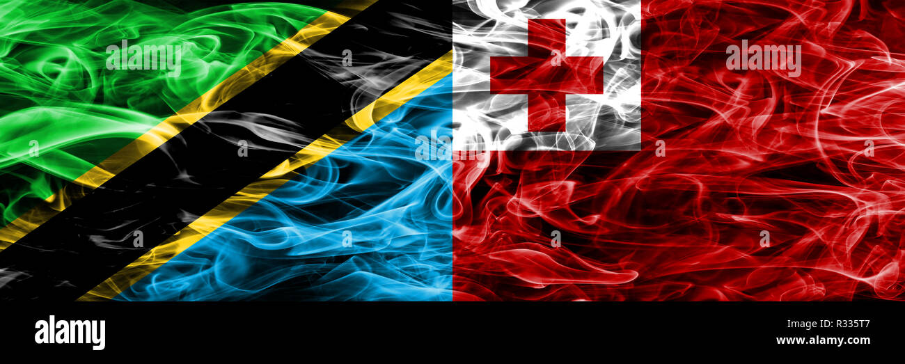 Tanzania vs Tonga, Tongan smoke flags placed side by side. Thick ...