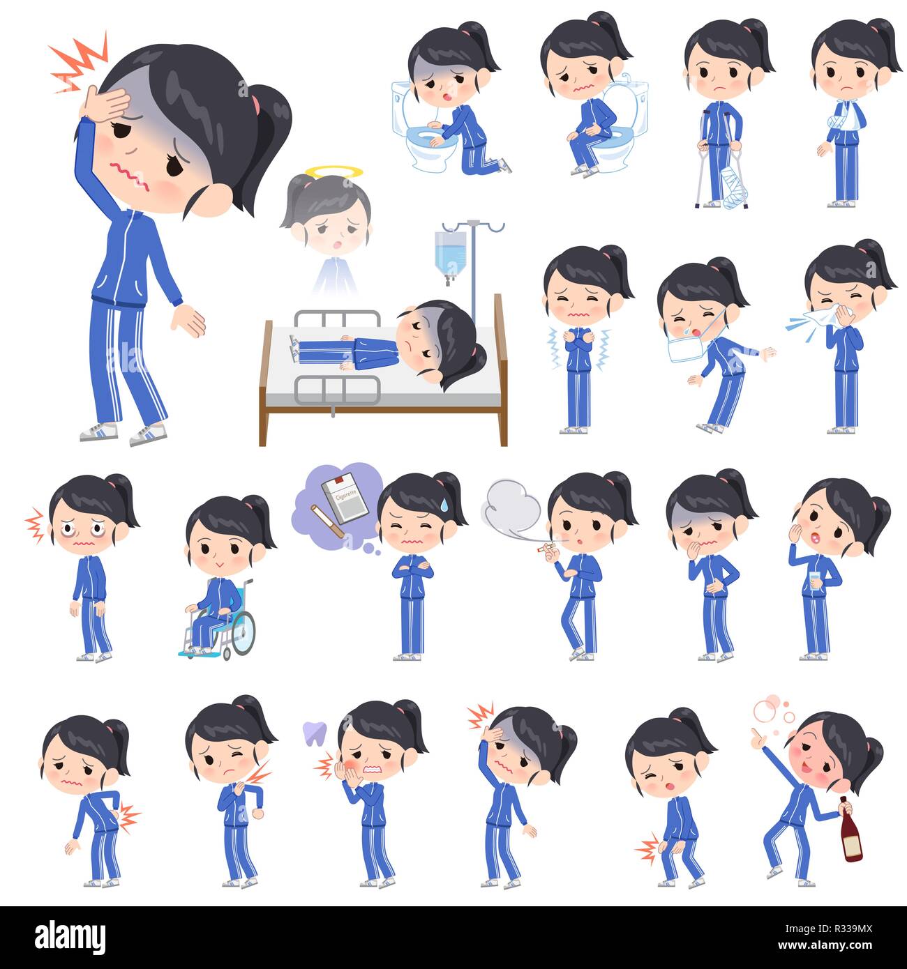 A set of women in sportswear with injury and illness.There are actions ...