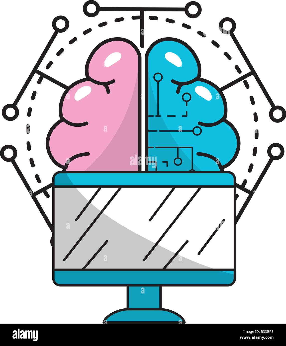 technology computer screen with digital brain cartoon vector ...