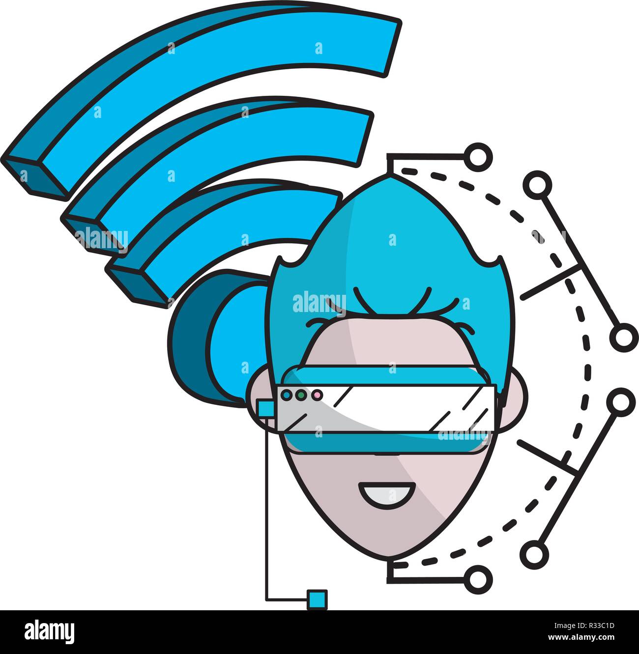 technology digital face with wifi and connecting icon cartoon vector ...
