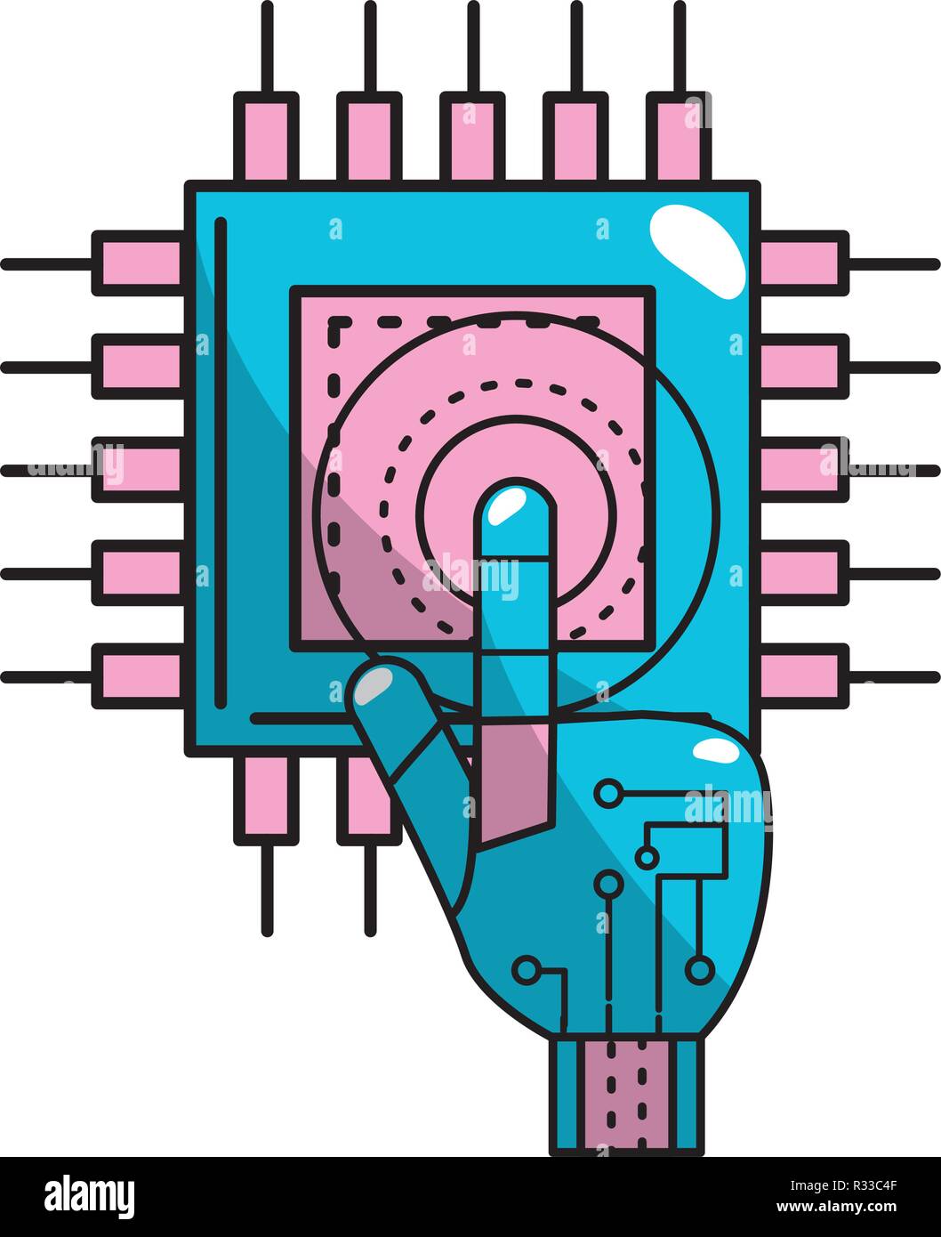 technology cpu icon with digital hand touching cartoon vector ...