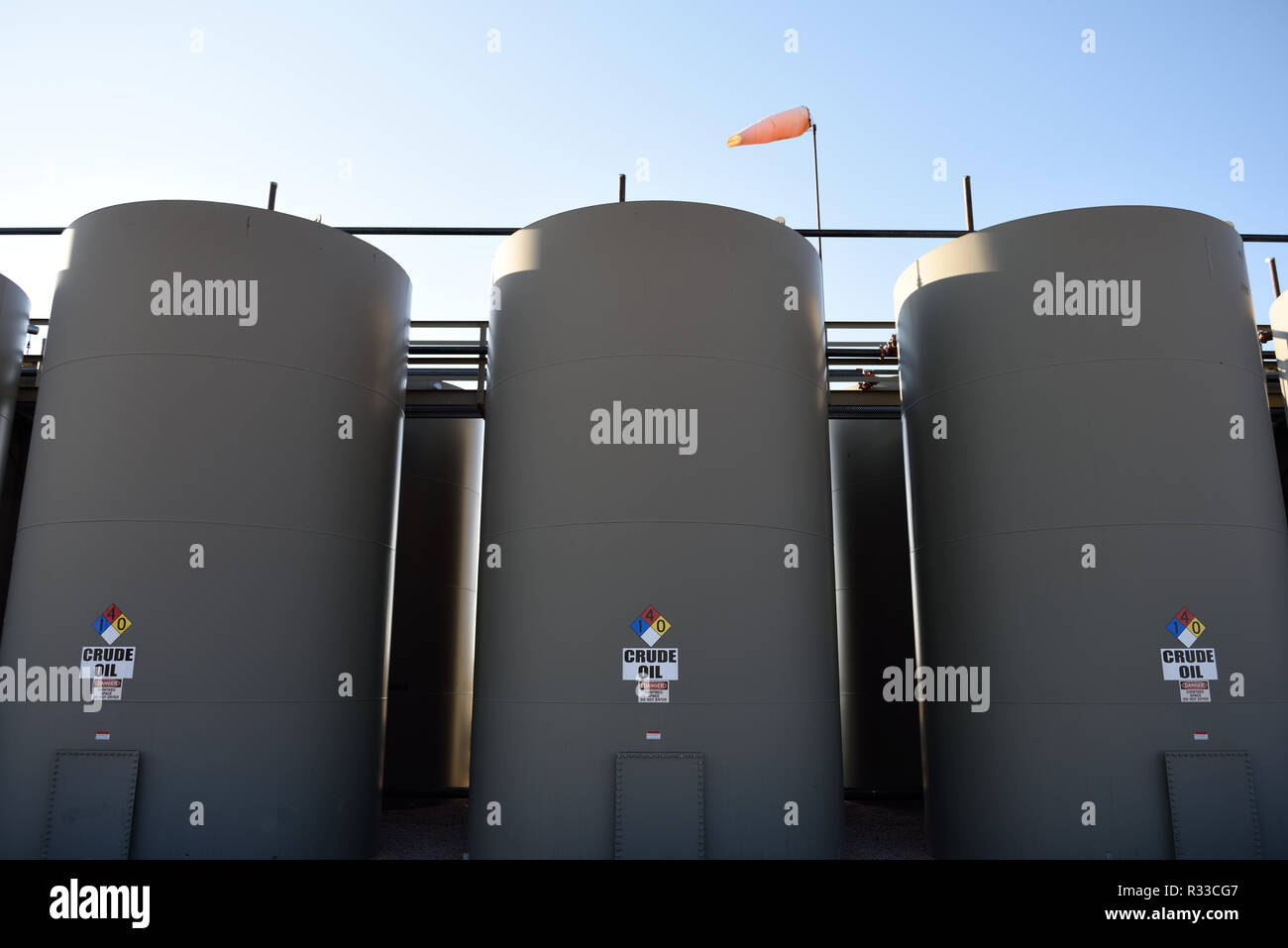 A group of crude oil production storage holding tanks in the Niobrara ...