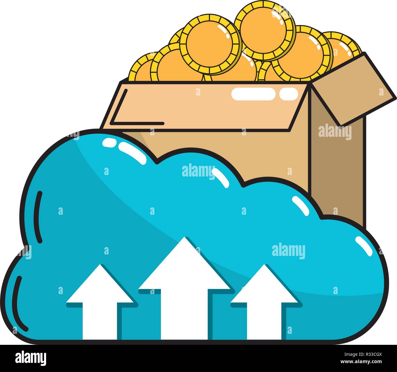 saving money box with cloud on web and coins cartoon vector ...