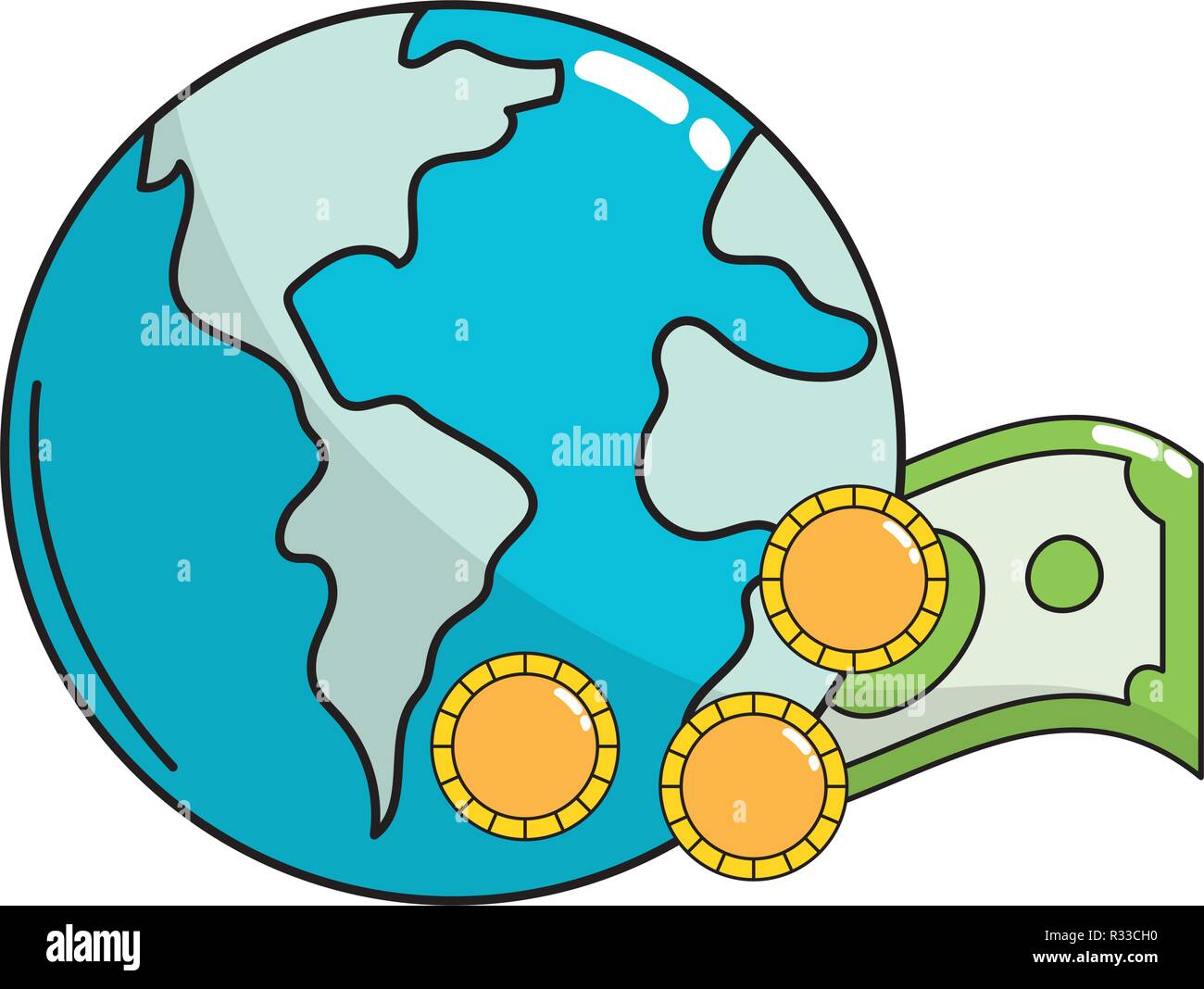 saving international money with world map on web with bills and coins ...