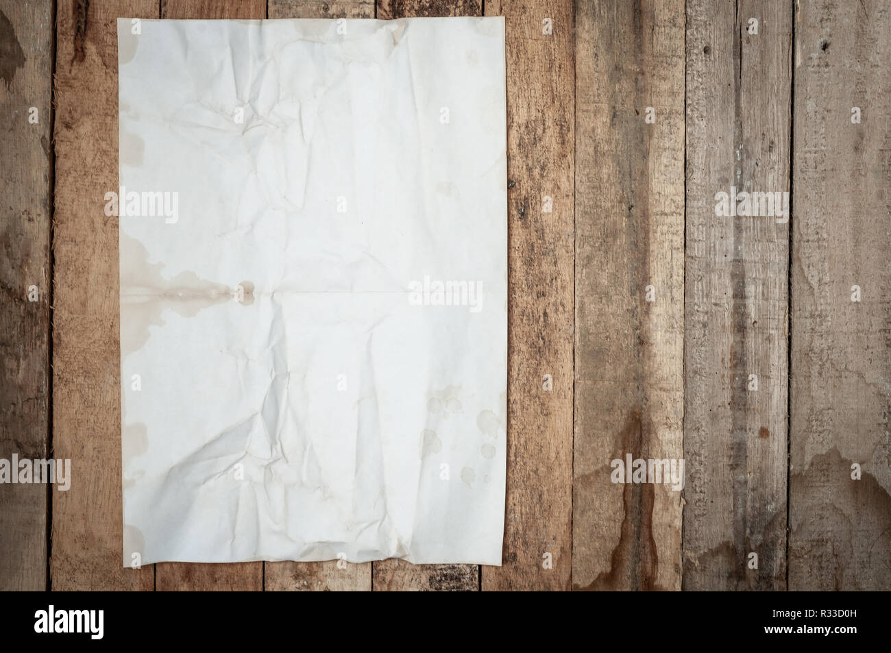 Empty Vintage Crumpled paper letter texture on wooden table surface ...