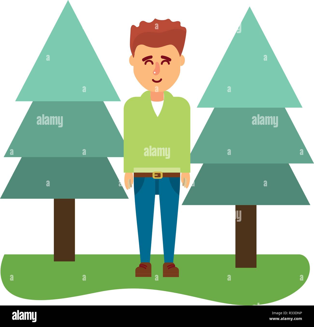 young man body over nature field with trees cartoon vector illustration ...