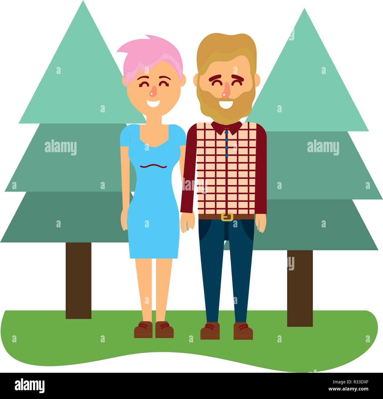 young people couple in casual clothes over nature field with trees ...