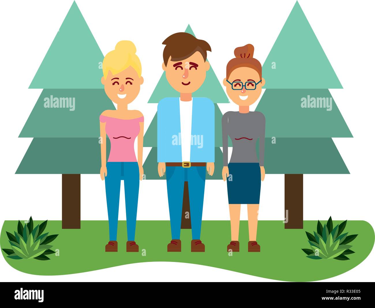 friends young people group over nature field with trees cartoon vector ...