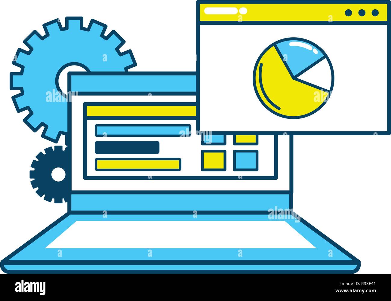 technology laptop with stadistics and gears computer support cartoon ...