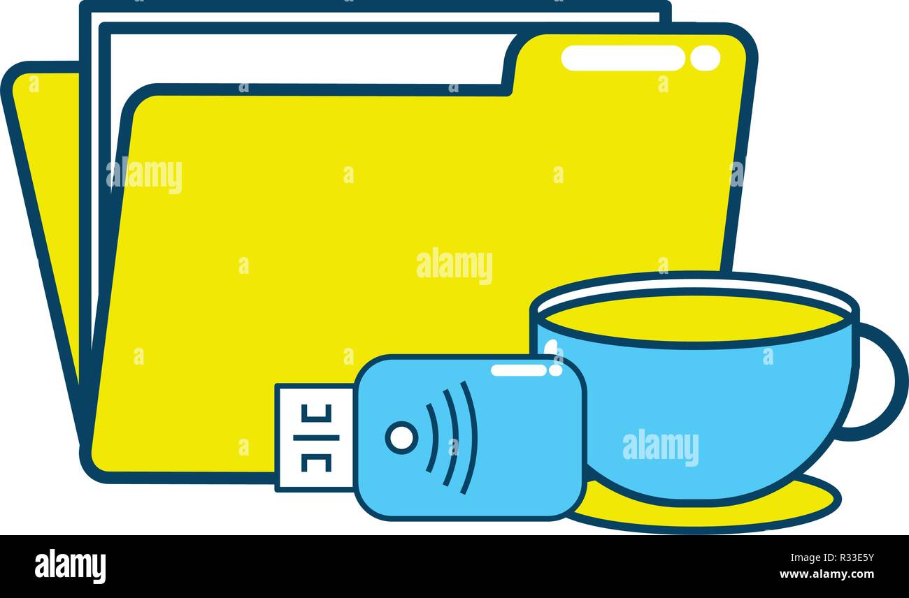 technology digital folders documents with coffee cup and usb device ...