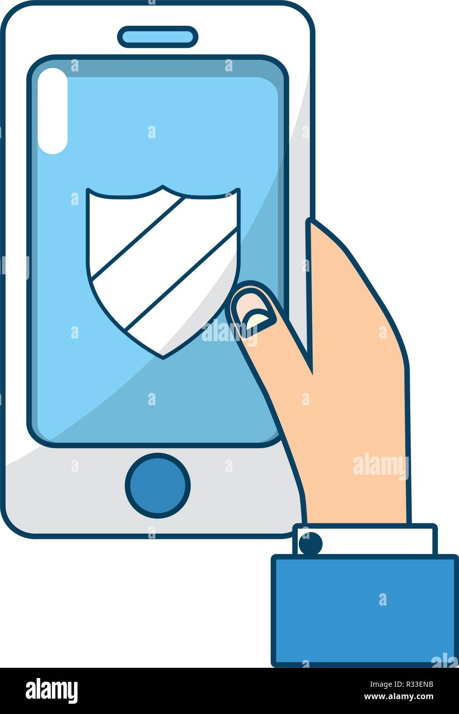 security padlock support with hand holding cell phone cartoon vector ...