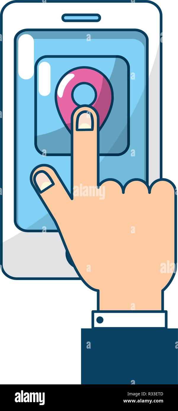 technology smartphone with gps location and finger touching cartoon ...