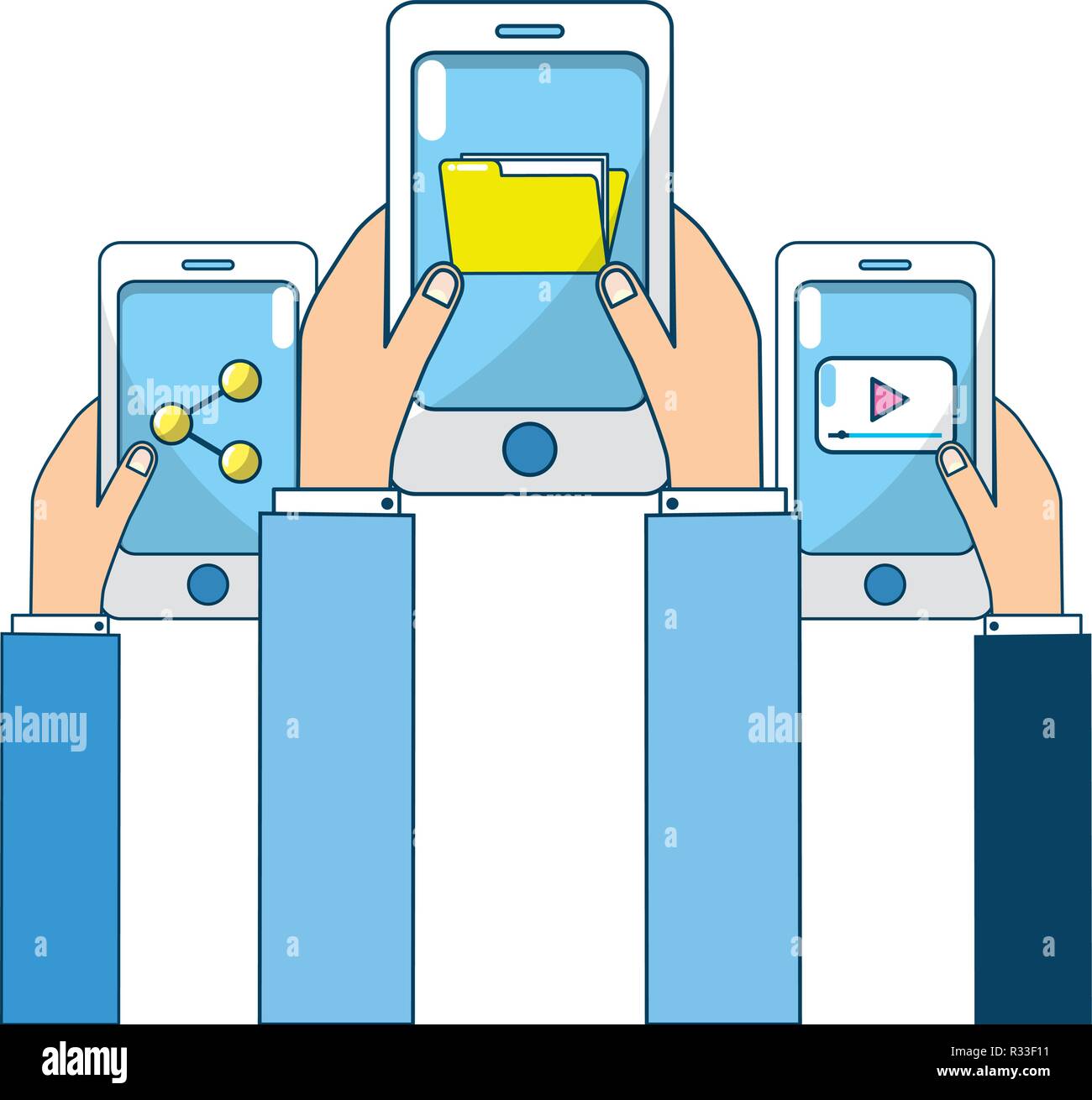 technology apps with hand touching and documents with media player ...