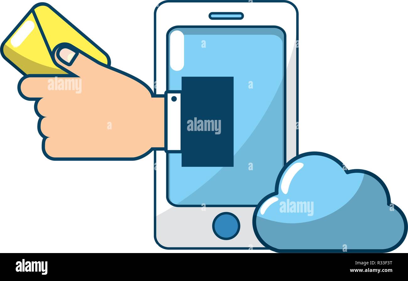 technology web cloud with smatphone and hand holding email cartoon ...