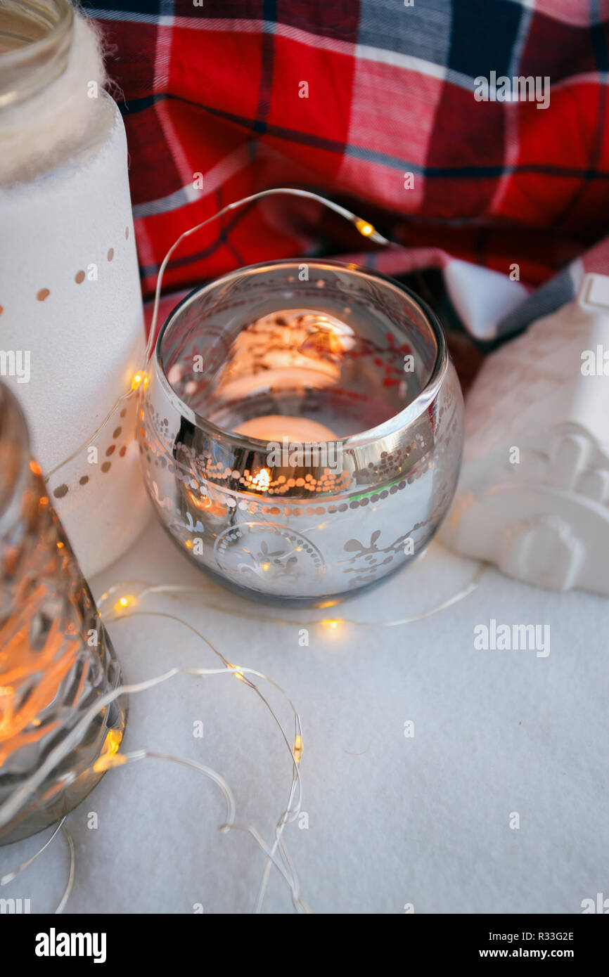 Still life details of nordic living room. Cozy winter scene in ...