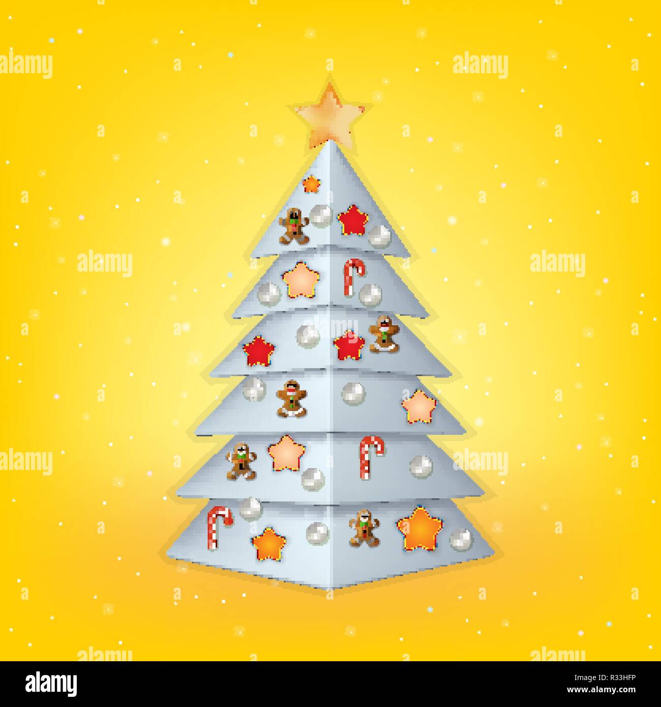 yellow background with white Christmas tree and decorations Stock ...