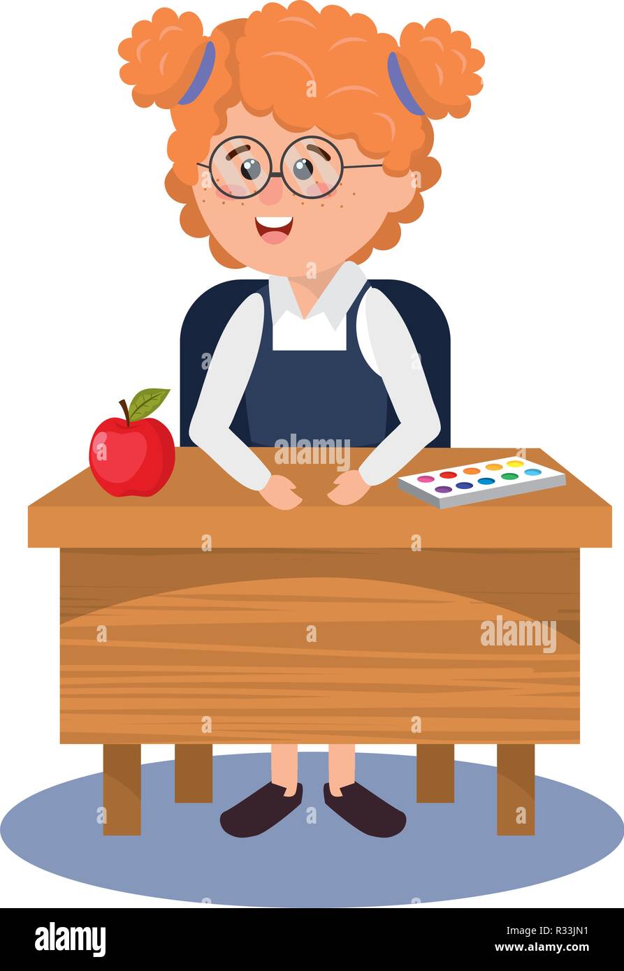 elementary school girl on desk with apple cartoon vector illustration ...