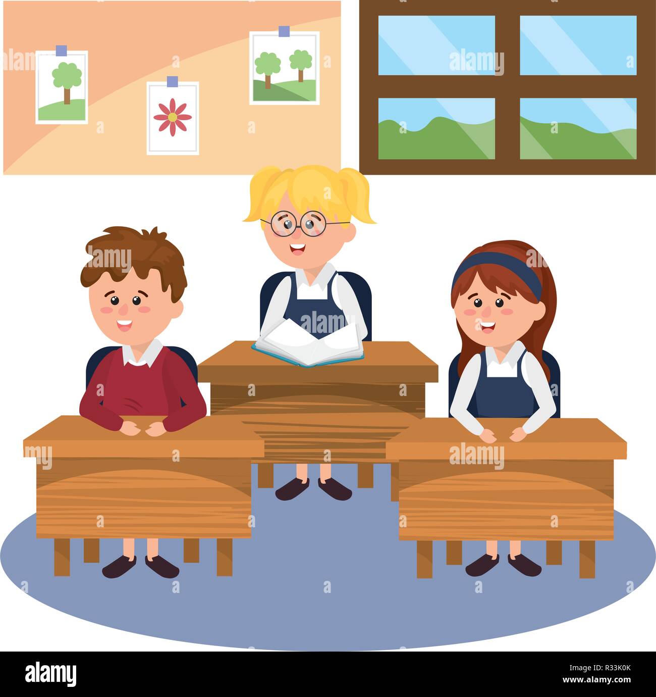elementary school students on desk cartoon vector illustration graphic ...