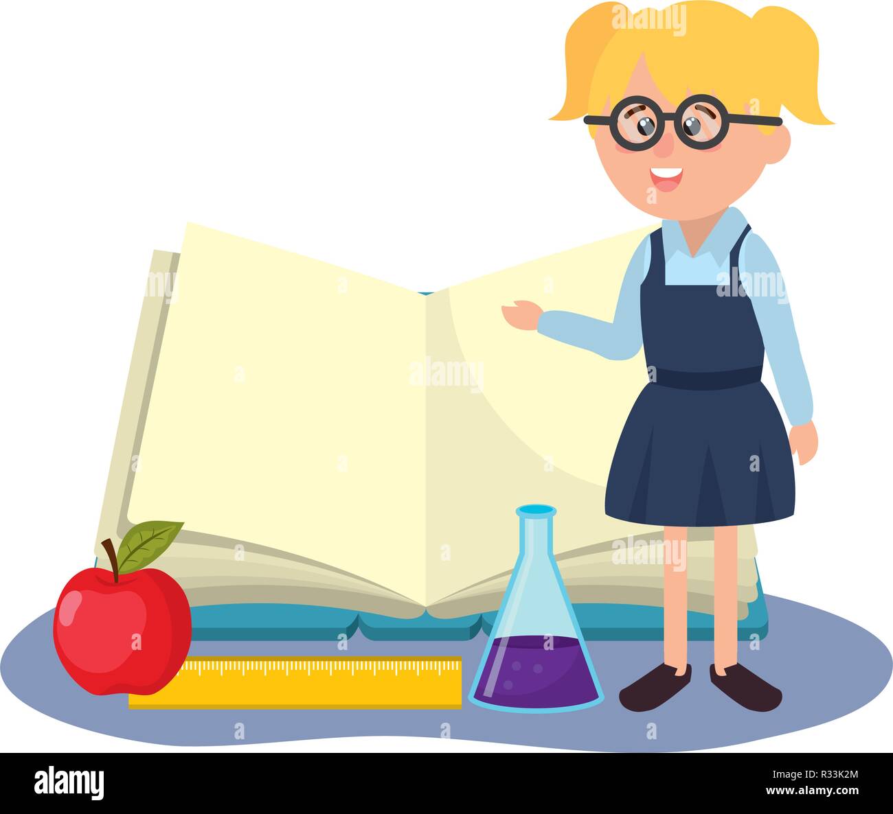 elementary school girl with book and beaker with apple and ruler ...