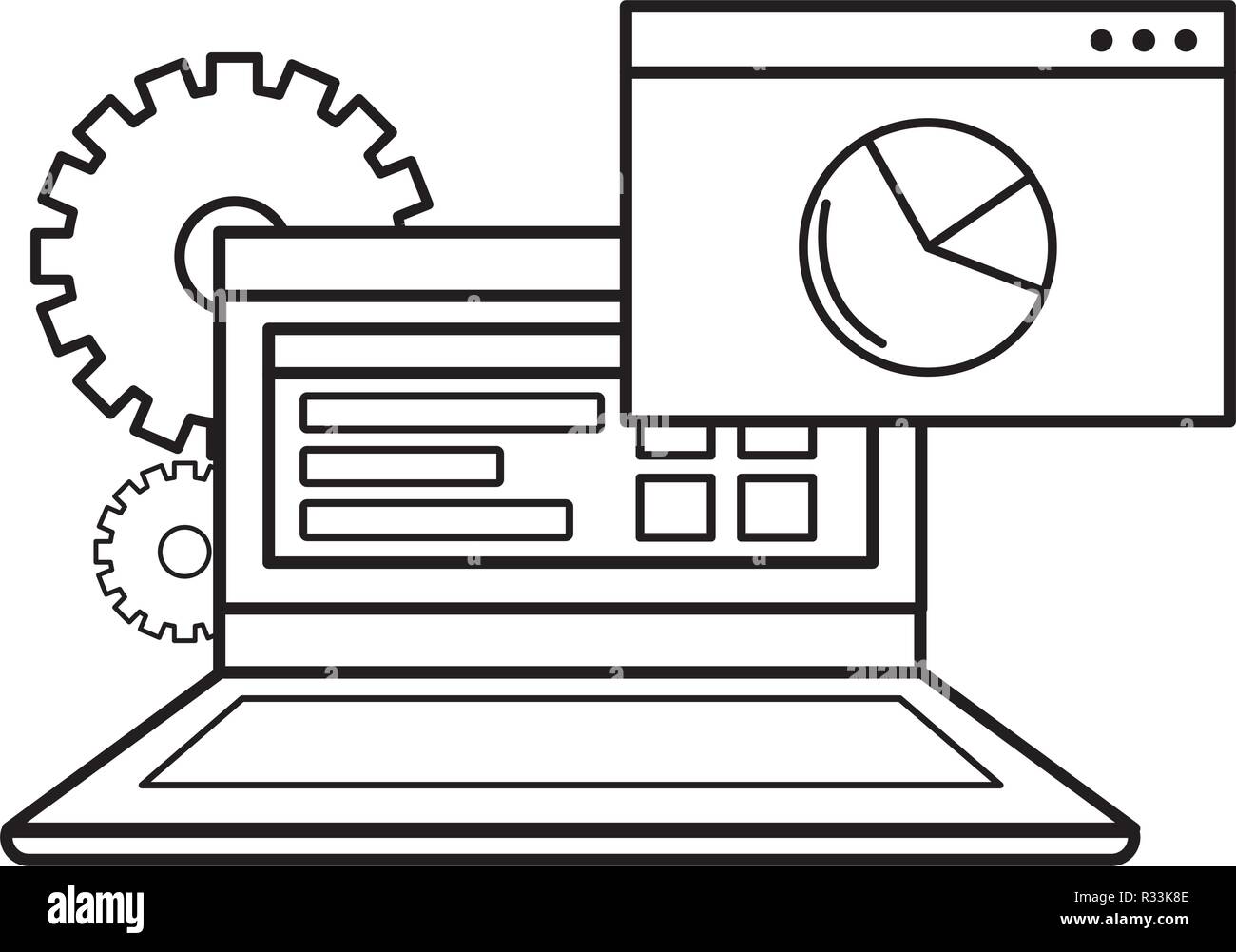 technology laptop with stadistics and gears computer support cartoon ...