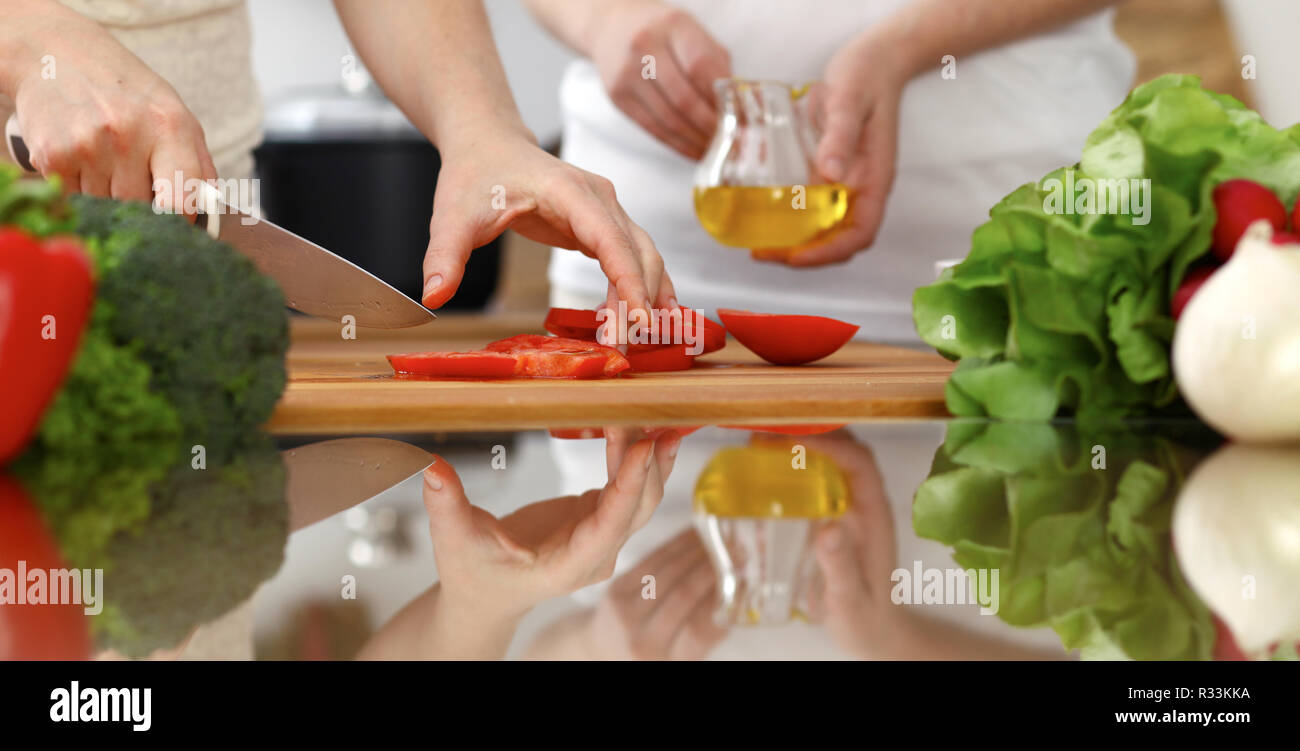 Closeup of human hands cooking in kitchen. Mother and daughter or two ...