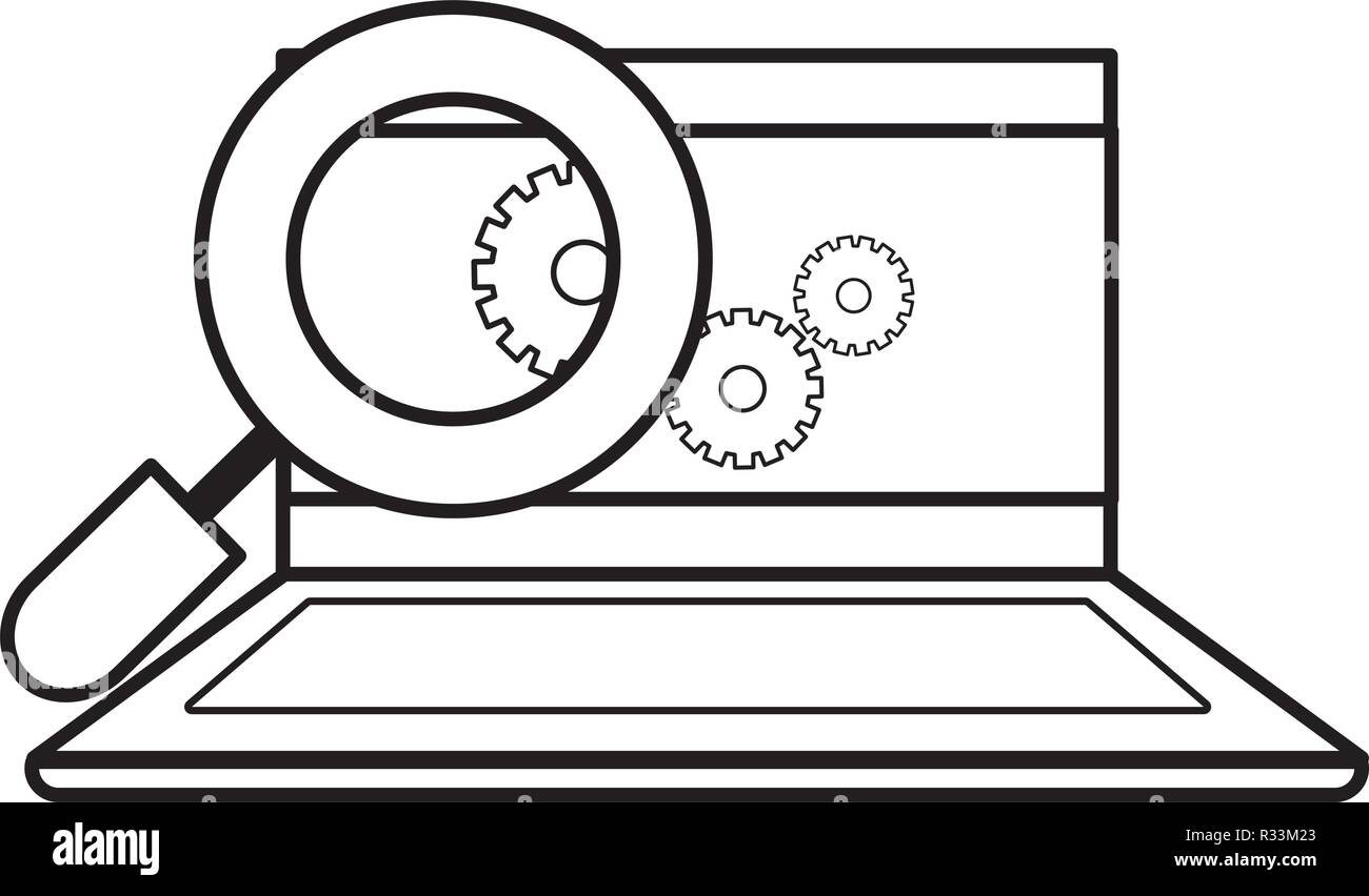 technology laptop analized by magnifying glass with gears computer ...