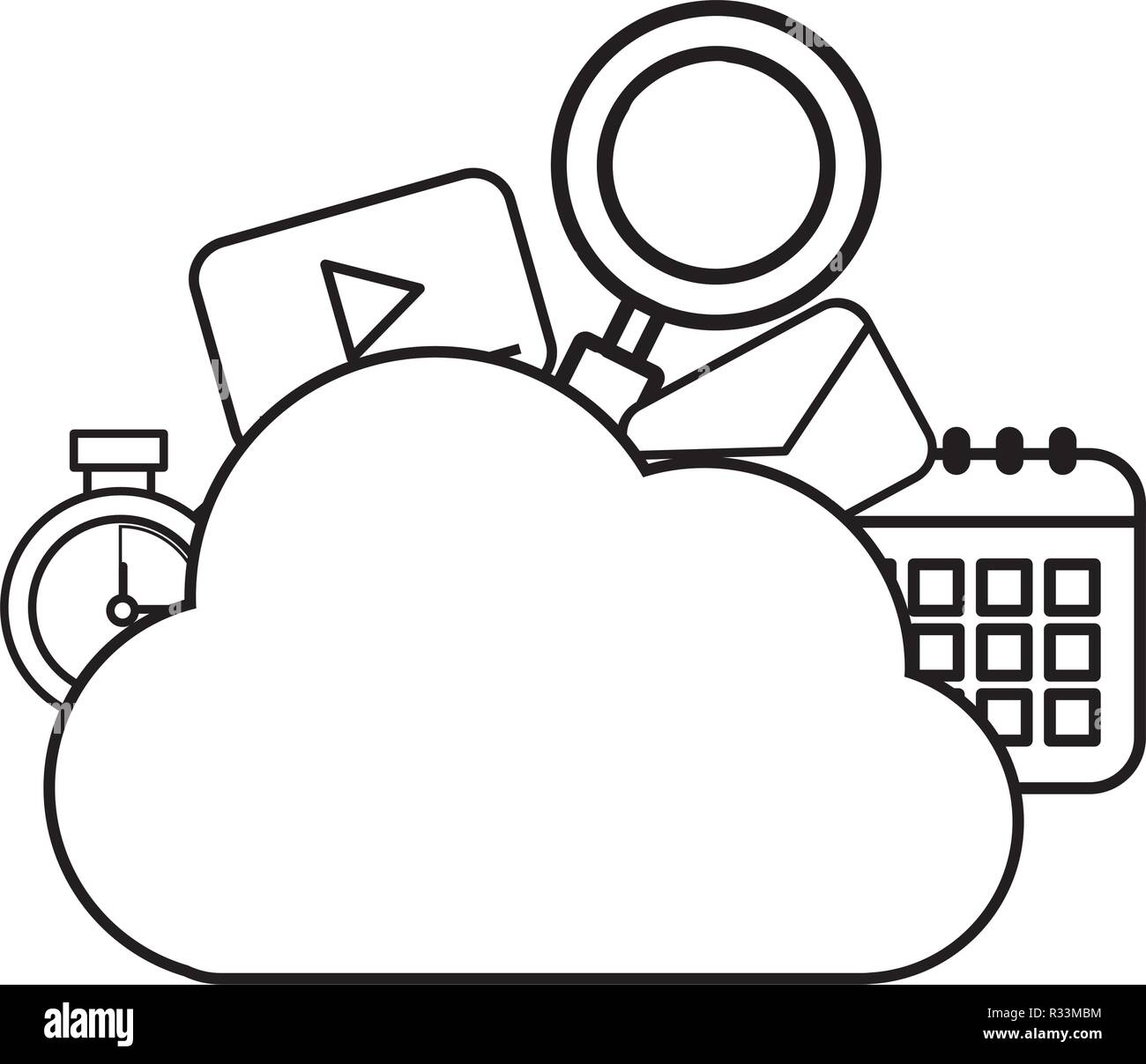 technology web cloud with media player and emil with magnifying glass ...