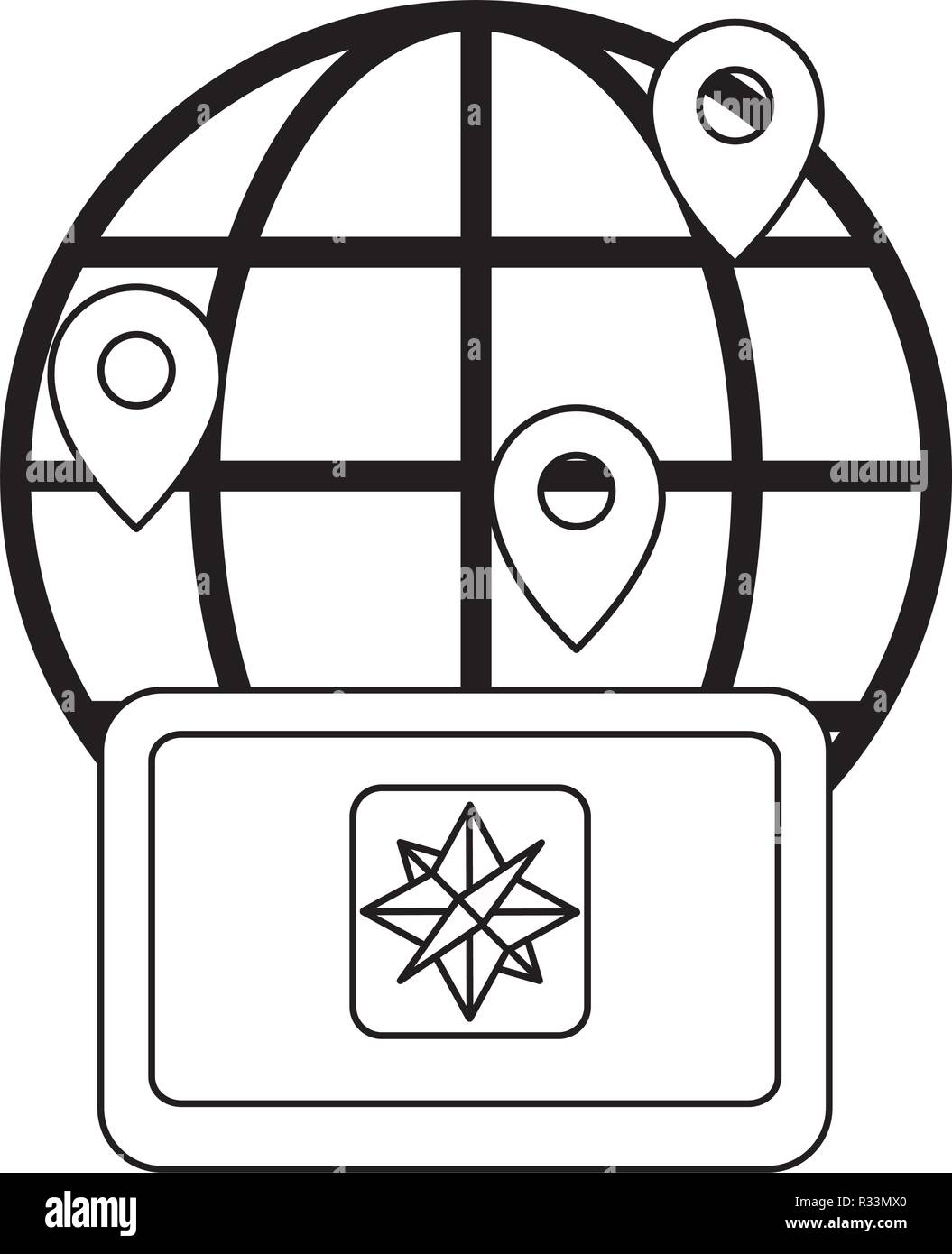 web earth globe icon with diferent gps location and tablet cartoon ...