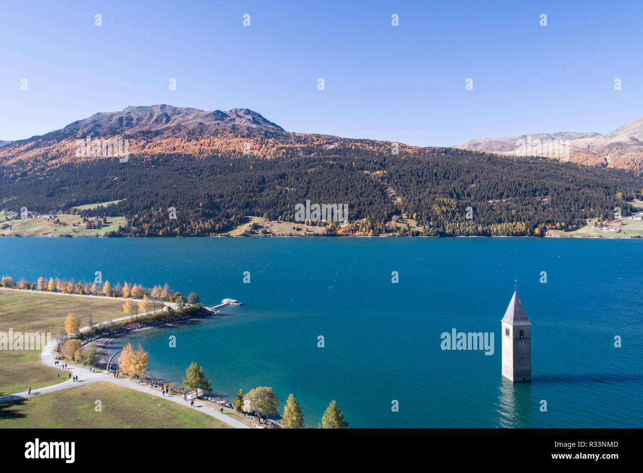 Lake of Resia, Church tower, South Tyrol. Trentino Stock Photo - Alamy