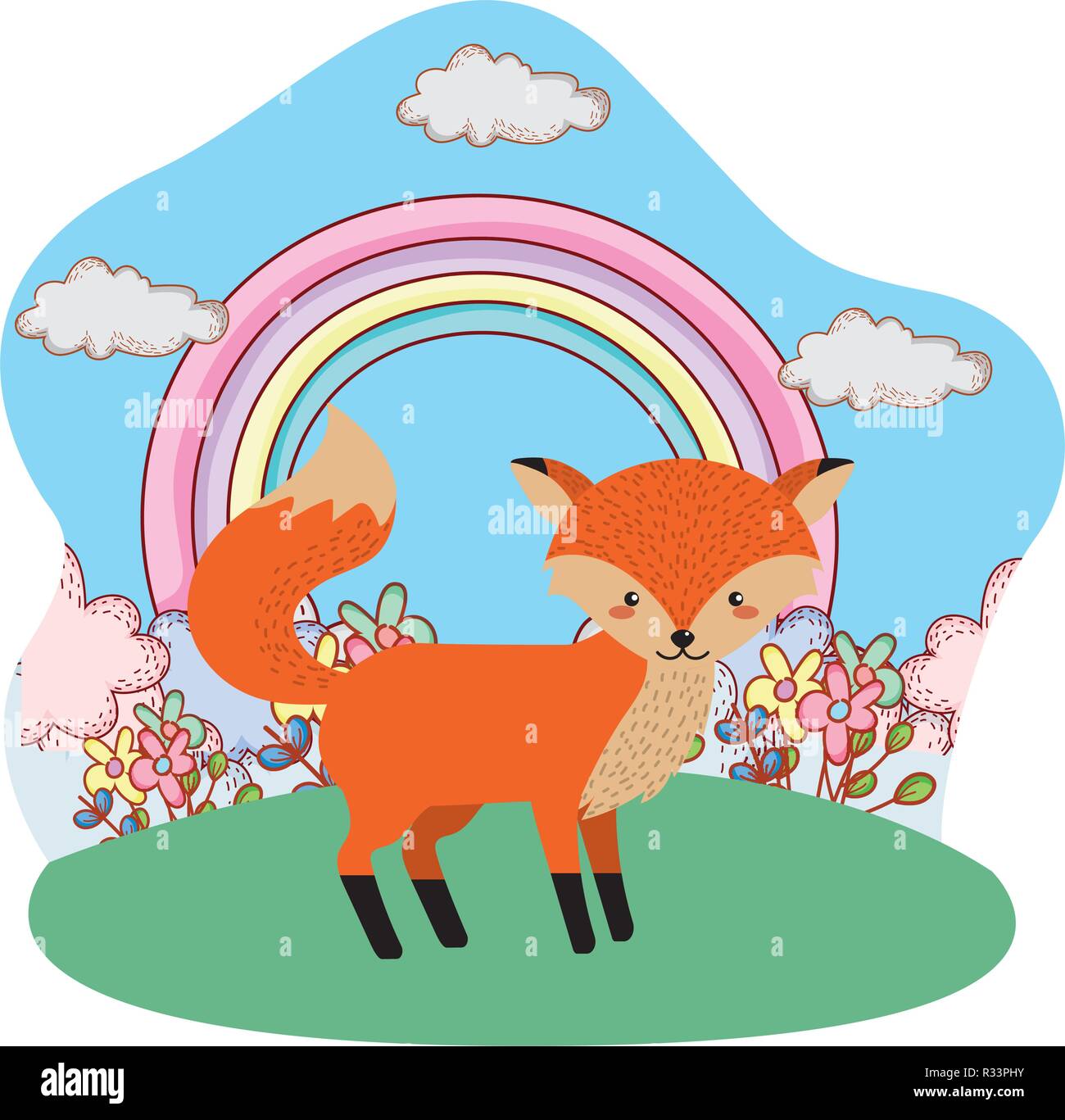 cute animal fox over nature field with beautiful sky and rainbow with ...
